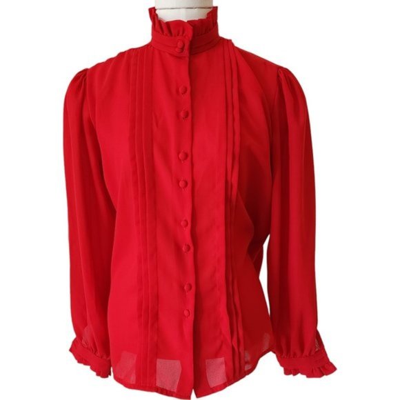 Vintage | Tops | Vintage Red Button Up Blouse Pleated Front With Ruffle ...